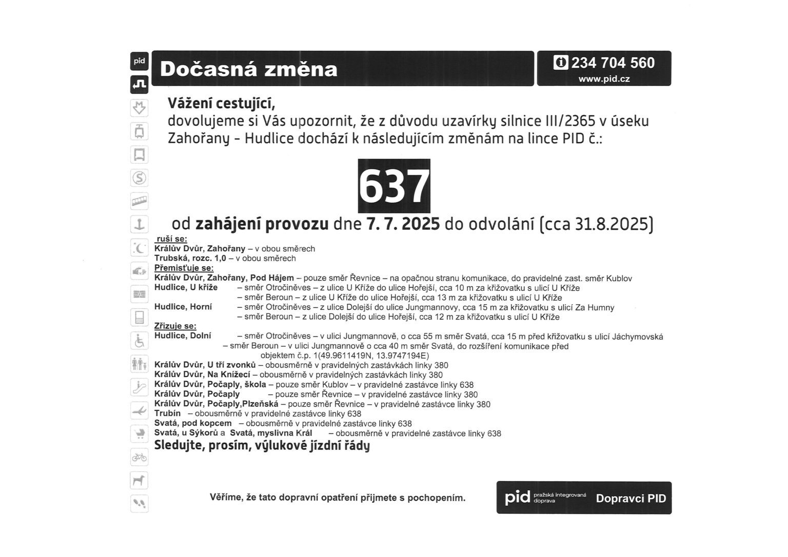 Změna jízdního řádu linka 637 – Obec Hudlice